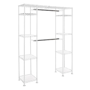 Seville Classics Closet Garment Organizer with Metal Hanging Rod Wardrobe Storage System, w/ Steel Shelves for Clothes, Shirts, Jackets, Coats, Blankets, Shoes, White, Expandable Rack