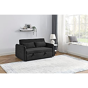 HomSof 2 Pillows and Living Room Adjustable Backrest, Grid Design Armrests 55" Modern Convertible 2 Detachable Arm Pockets, Velvet Loveseat Sofa with Pull Out Bed, Style B, Black