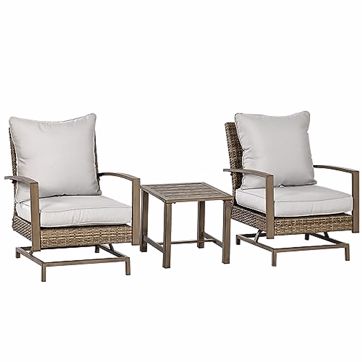 Outsunny 3-Piece PE Rattan Patio Furniture Set with Rocking Chairs and Bistro Coffee Table, Outdoor Wicker Rocker Conversation Set with Cushions for Balcony, Porch, Poolside, Yard, Garden - Gray
