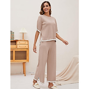 Wyeysyt Women Lounge Sets 2 Piece Sweater Knit Short Sleeve Pullover Tops Wide Leg Pants Elastic Waist Sweatsuits(Khaki-M)