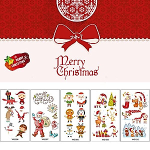 Christmas Temporary Tattoos, 10 Sheets Water Transfer Santa Claus Elk Snowman Penguin Bear Bell Design Tattoo Stickers, DIY Xmas Decals Fake Tattoos Decorations for Adult and Kids