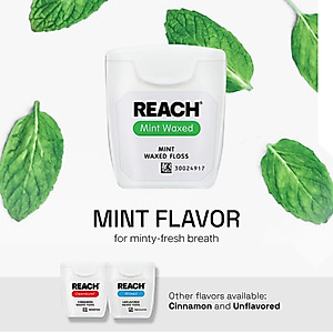 REACH Waxed Dental Floss, Mint, Plaque Remover for Teeth, Shred Resistant, Floss Slides Smoothly, Easy to Use, Waxed, Deep Cleaning Teeth, Oral Care, PFAS Free, for Adults & Kids, 6 Pack, 55 yd