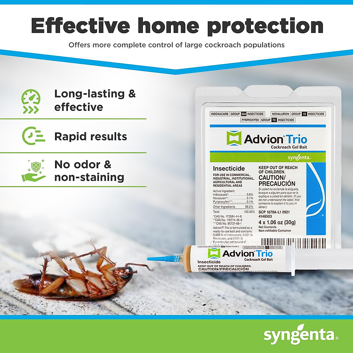 Advion Trio Cockroach Gel Bait, 4 Tubes x 30-Grams, 1 Plunger and 2 Tips, Formulated with 0.6% Indoxacarb, 0.1% Novaluron and 0.1% Pyriproxyfen, Ready-to-Use Roach Killer for Indoor and Outdoor Use