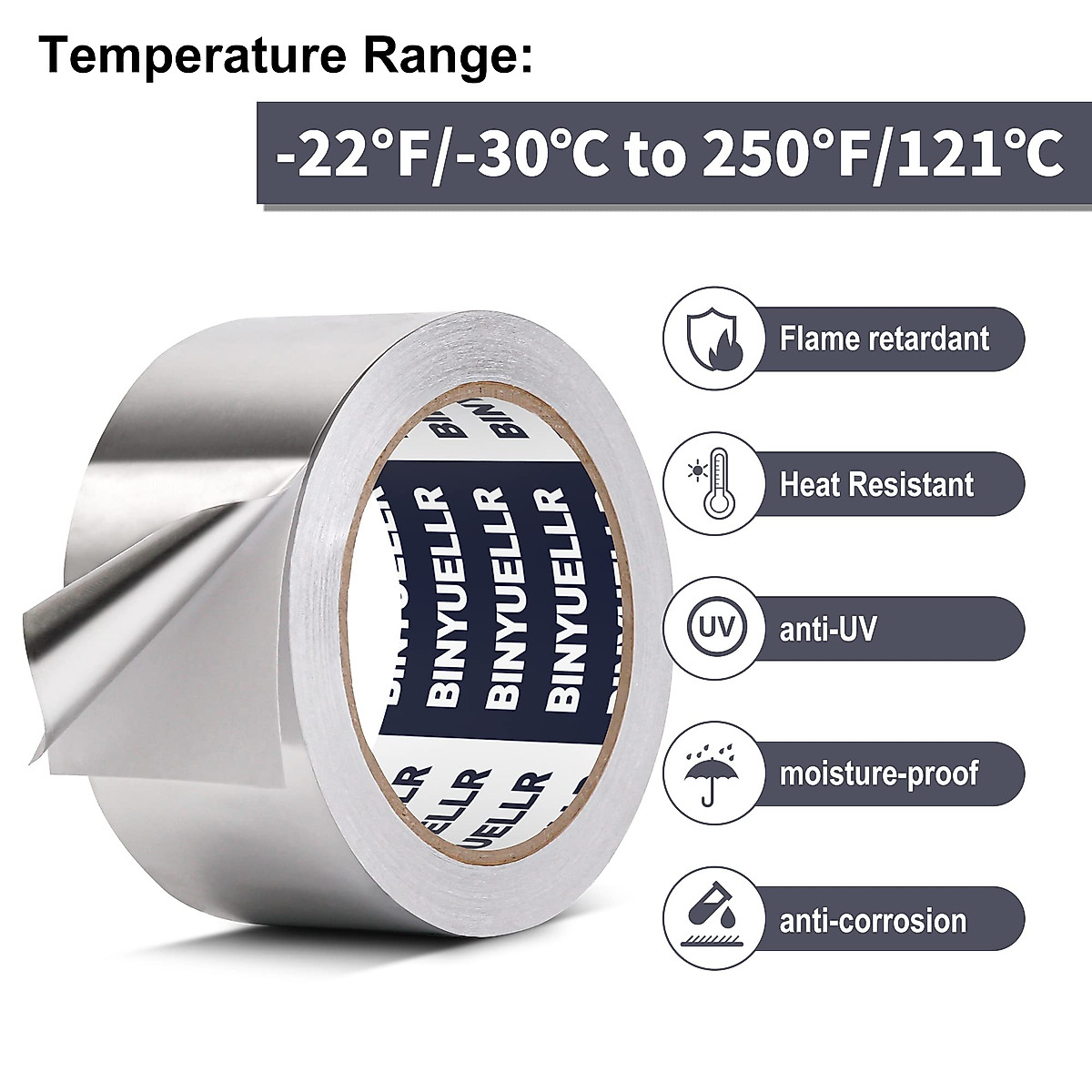 Binyuellr Aluminum Foil Tape - 2 Inch x 65 Feet, HVAC Tape Silver Metal Tape for Ductwork, Heavy Duty Duct Tape for Heat Insulation, Reflective Tape, Dryer Vents