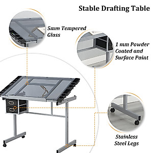Olela Drafting Desk, Height Adjustable Drafting Table Versatile Art Craft Artists Paintings Storage Work Station with Tilting Temped Glasses Tabletop and Stool (Drawing Table - 3)