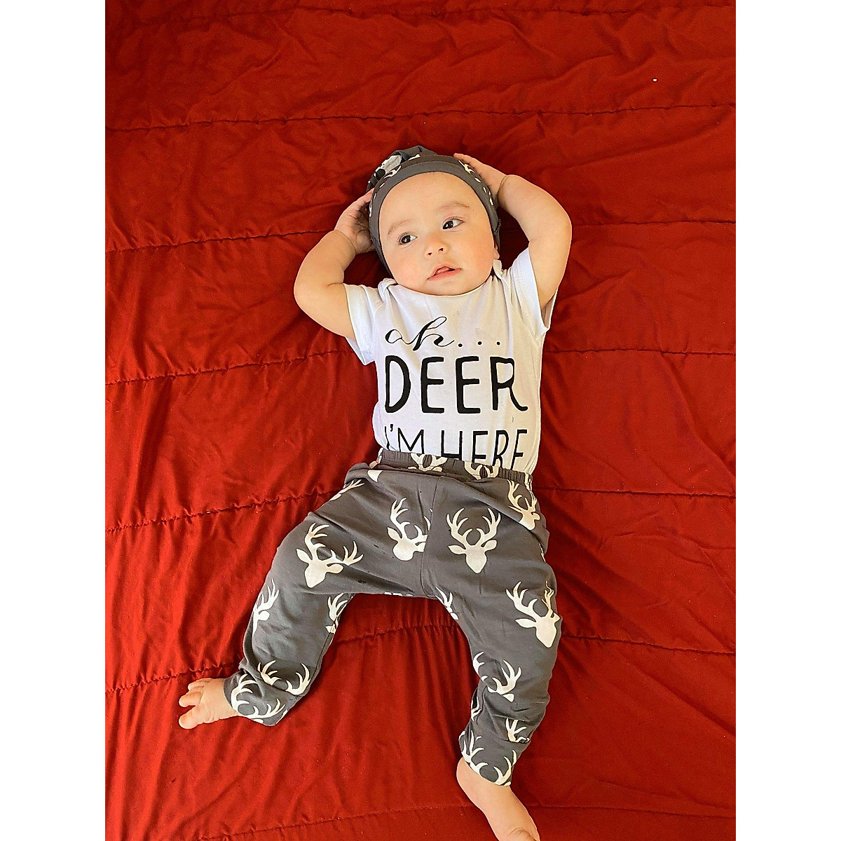 bakjuno Baby Boy Deer Theme Outfit Newborn Boy Oh Deer I'm Here Clothes Daddy' Little Man Shower Infant Hunting Romper Pants Set (0-3 Months, White03)