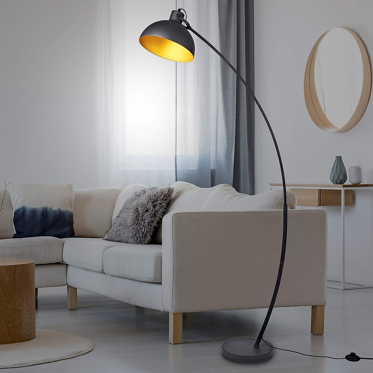Archiology Arc Floor Lamp Black, Modern Adjustable Floor Reading Lamp with Metal Black Shade & Gold Interior for Living, Family