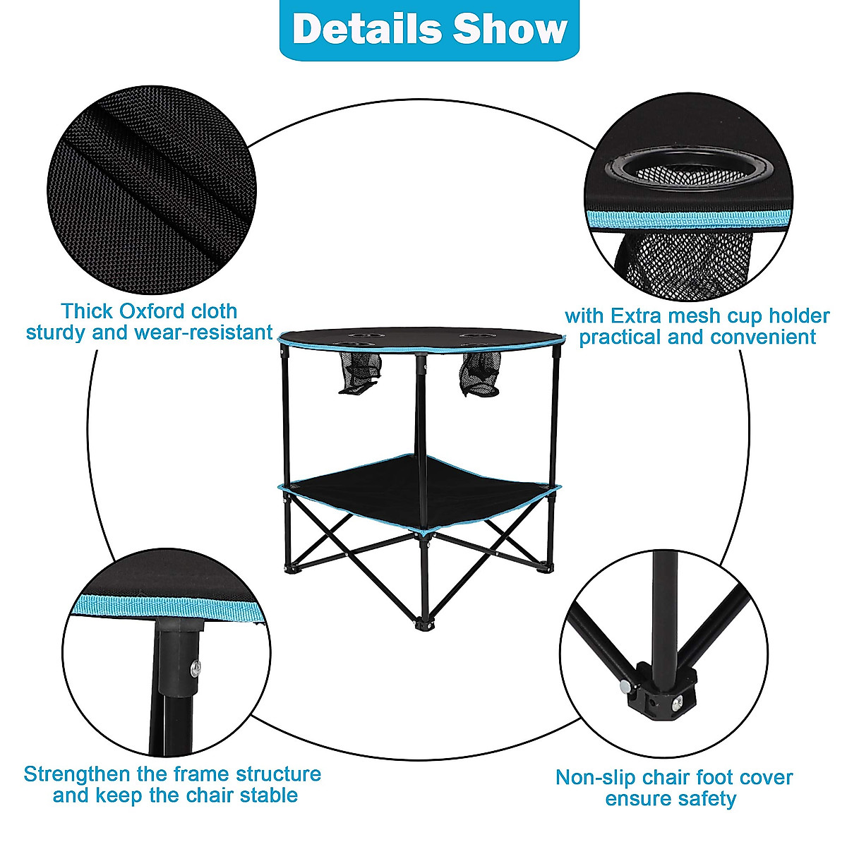 LUCKYERMORE Portable Camping Table, Folding Picnic Tables with 4 Cup Holders and Storage Rack, Carry Bag Included, Lightweight Tailgate Beach Table for Outside BBQ Picnic Beach, Black & Blue