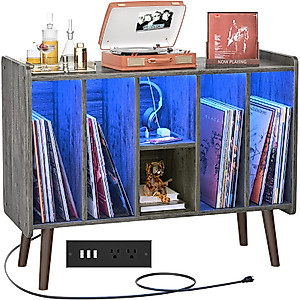 Unikito Record Player Stand with LED Light, Vinyl Record Storage Table with 6 Cabinet, Record Player Stand with Storage and Sockets, Record Display Shelf Wood Legs for Bedroom Living Room, Gray Oak