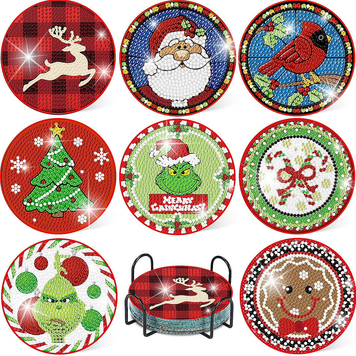 cupmod 8PCS Christmas Diamond Painting Coasters with Holder,Cartoon Diamond Art Coasters Kits for Beginners,Adults & Kids Small Diamond Art Kits Craft Supplies