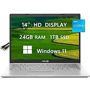 2023 Newest Upgraded Vivobook Laptops for Student & Business by Asus, 14'' HD Computer, Intel Core i3-1115G4(Up to 4.1 GHz), 24GB RAM, 1TB SSD, Light-Weight, USB-C, Wi-Fi, Windows 11|Free HDMI Cable