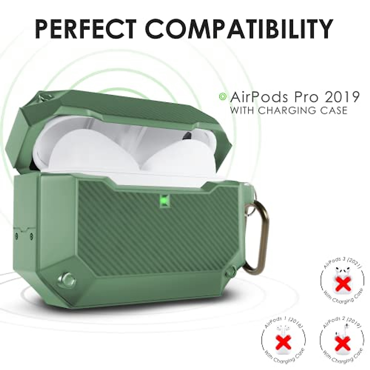 Blaspins AirPods Pro Case, Military Design TPU Hard Shell, Full-Body Rugged Protective Cover Case Skin Shockproof, Secure Lock Clip with Keychain for AirPod Pro 2019 [Front LED Visible] TPU - Green