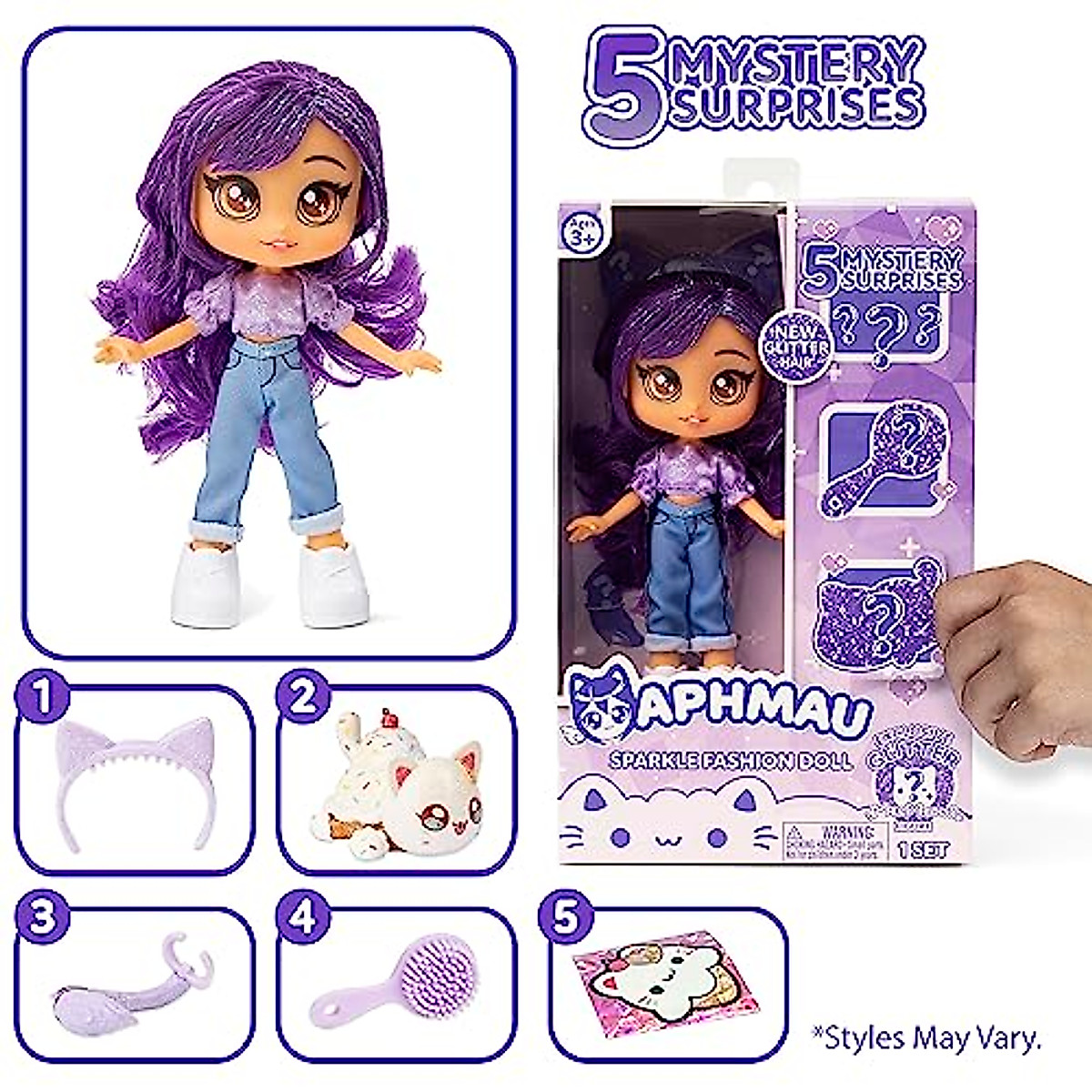 Aphmau Fashion Doll & Accessories Sparkle Edition, 5 Mystery Surprise Toys, Exclusive Glitter MeeMeows Mini Figure, Official Merch, 7 inch
