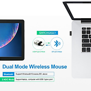 KLO 4 Modes Rechargeable Bluetooth Mouse/Bluetooth 3.0/5.2+USB-2.4G/Type-C,Bluetooth Mouse for MacBook pro/MacBook air/Laptop/iMac/ipad/Notebook/pc（BT/USB-C Black）