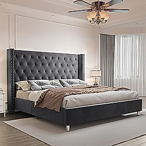 PaPaJet Tufted Upholstered Platform Bed Frame King Size Velvet Low Profile Platform Beds Raised Wingback Headboard with Strong Wooden Slats/Mattress Foundation/Easy Assembly, Dark Grey