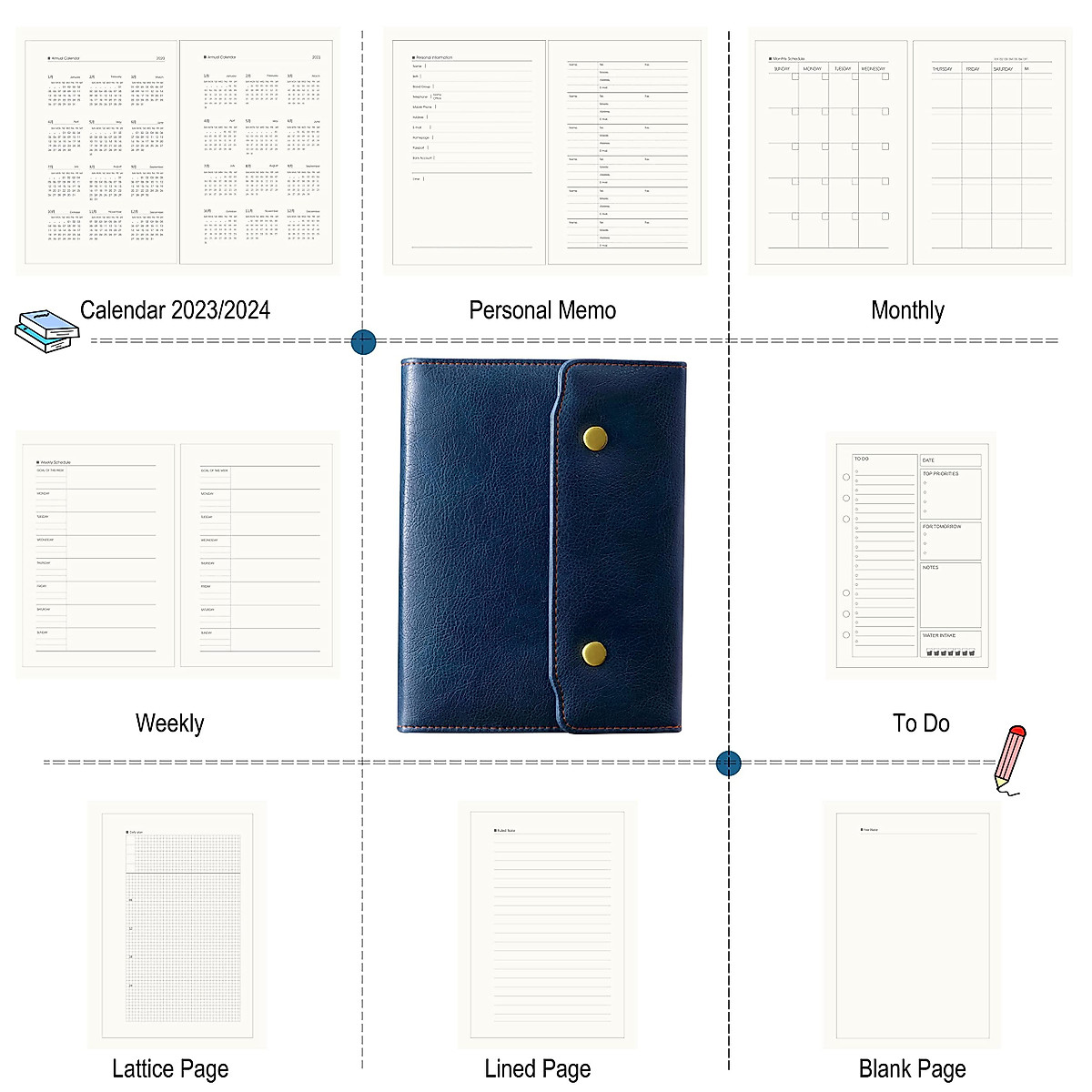 GUOKICHY three-fold notebooks, diary, travel composition notebooks, circular binders, button planners, personal memos, calendars, advanced thick paper (A6, Blue)