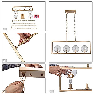 Gold Chandelier, 4-Light Modern Chandelier Light Fixture, 30" Mid Century Linear Kitchen Island Lighting, Seeded Glass Globe Shades