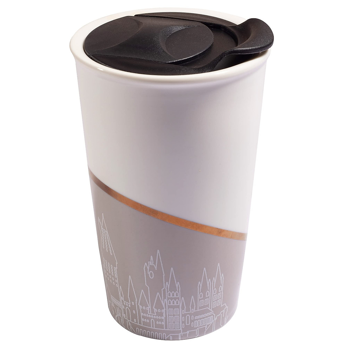 Seven20 Harry Potter Hogwarts Travel Coffee Mug, 14oz - Insulated, Ceramic Cup with Lid - Gold and Gray Hogwarts Design - Gift for Teens and Adults