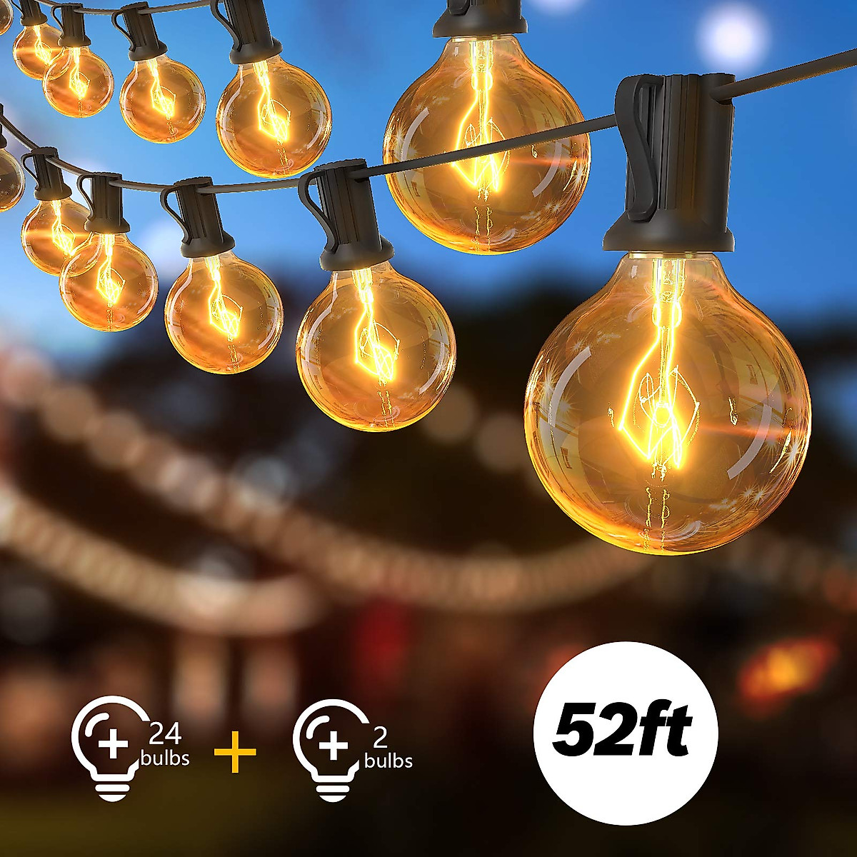52FT Outdoor String Lights Connectable Patio Light with 5W Edison G40 Globe Bulbs 24 E12 Hanging Socket, 2700K Waterproof Cafe String Bistro Lighting for Party Porch Backyard Balcony Deck Garden Decor