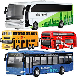 Geyiie School Bus Toy, Kids Die-Cast Metal Car Toys for Kids 3-8 Years Old Pull Back Car City Bus 1:80 Scale Double Decker London Vehicles, Cars Play Toys for Kids Easter Party Favor, Classroom Prizes
