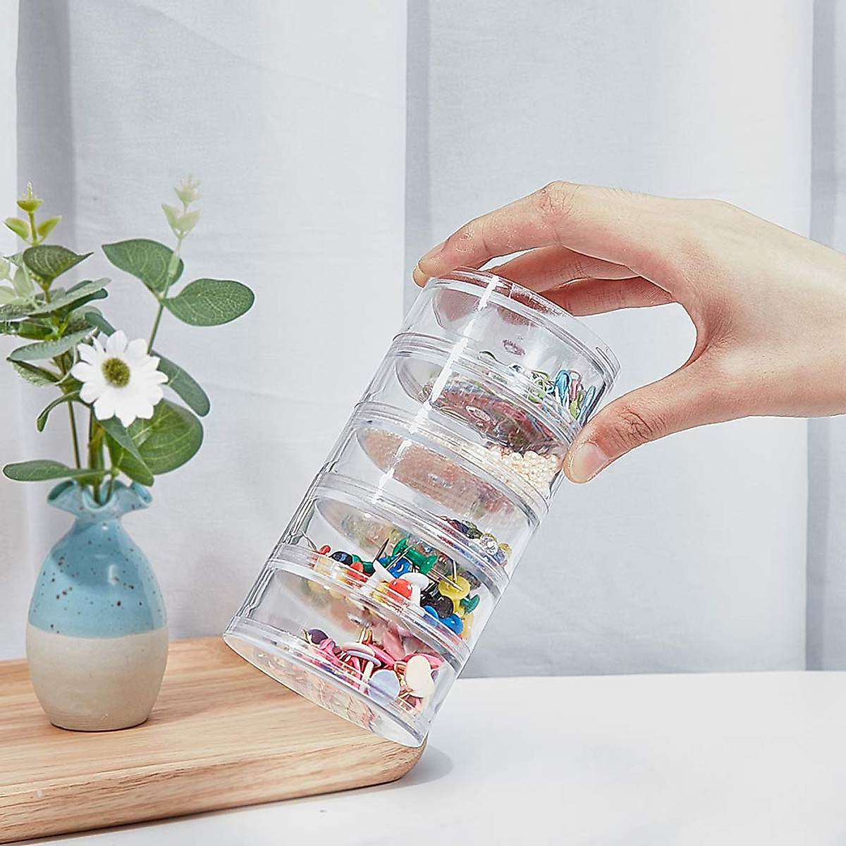 BENECREAT 60ML Stackable Round Plastic Containers 4 Column(5 Layer/Column) Bead Storage Jars for Diamond Drills, Seed Beads, Nail Art Glitters, and Other Jewelry Components