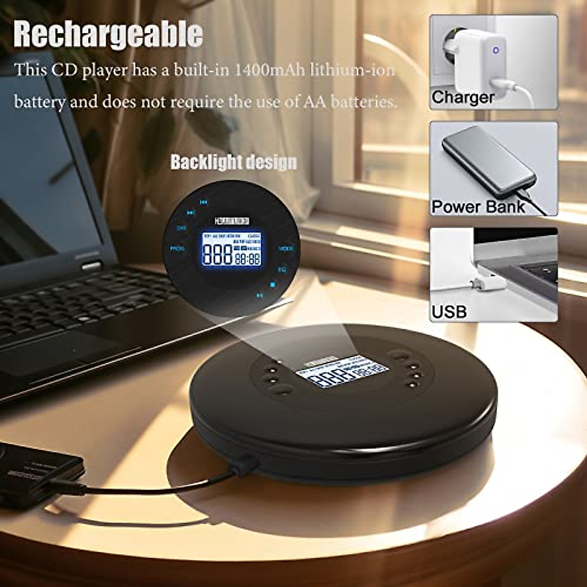 CD Player Portable Rechargeable Portable CD Player for Car and Travel Walkman CD Player with Headphone and Anti-Skip/Shockproof Personal CD Player Discman Kpop Music Compact CD Players with AUX Cable