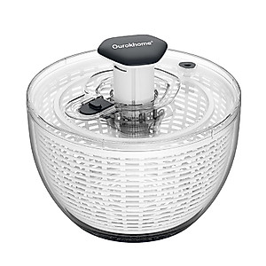Ourokhome Salad Spinner Lettuce Dryer, One-handed Easy Press Large Vegetable Dryer Salad Mixer with Comfortable and Retractable Pusher and Brake Button for Greens, Herb, Berry, Fruits, 6.3 QT, Black