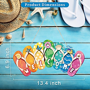 Summer Slippers Hanging Sign Shape Welcome Hello Flip Flop Wooden Door Plaque Rustic Wall Sign Yard Indoor Outdoor Garden Decoration with Rope (Welcome)