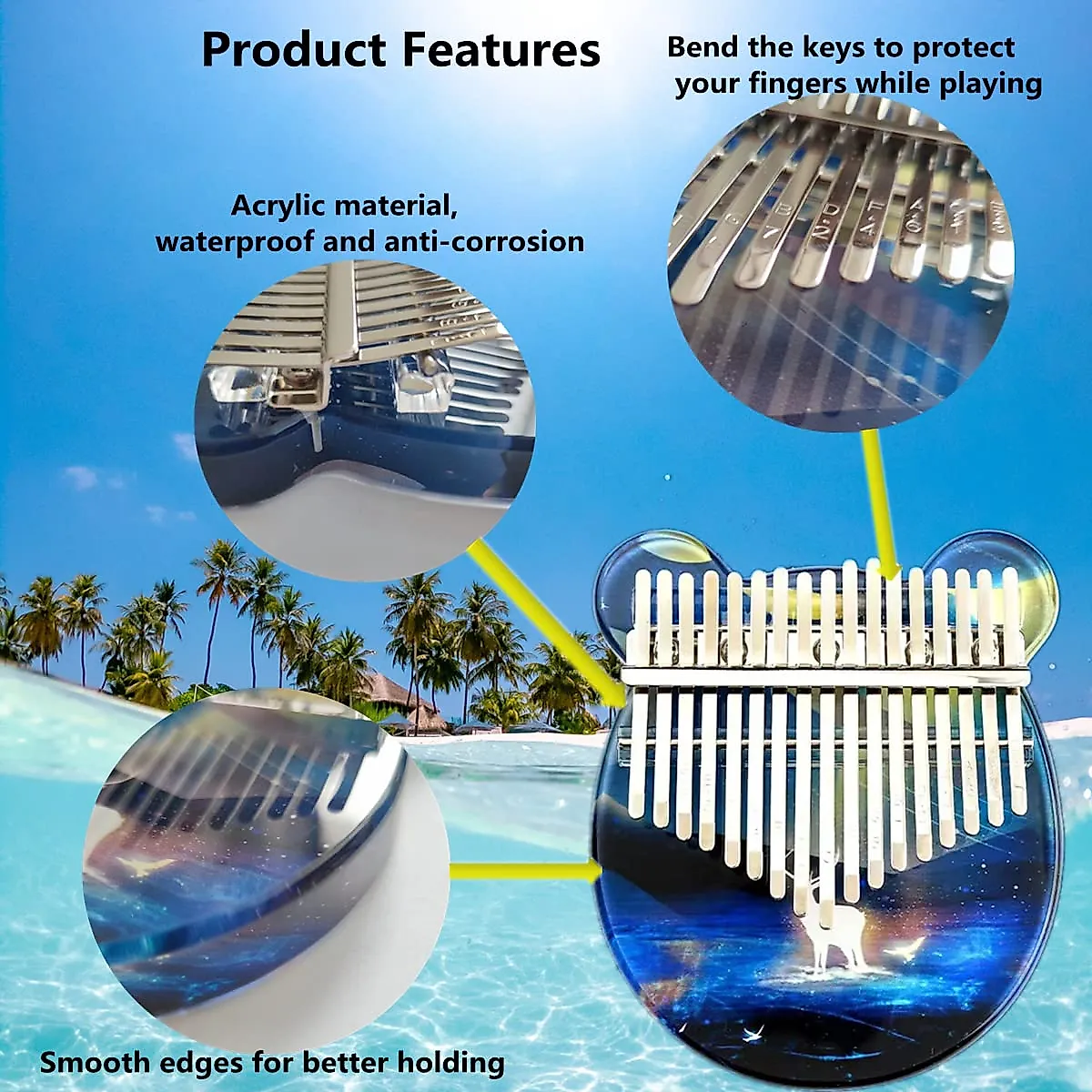 gudemoni Thumb Piano 17 Keys Transparent Thumb Piano Painted Finger Piano with EVA Case, Tuning Hammer, Stickers, Learning Instructions, Musical Instrument Gift for Children and Adults