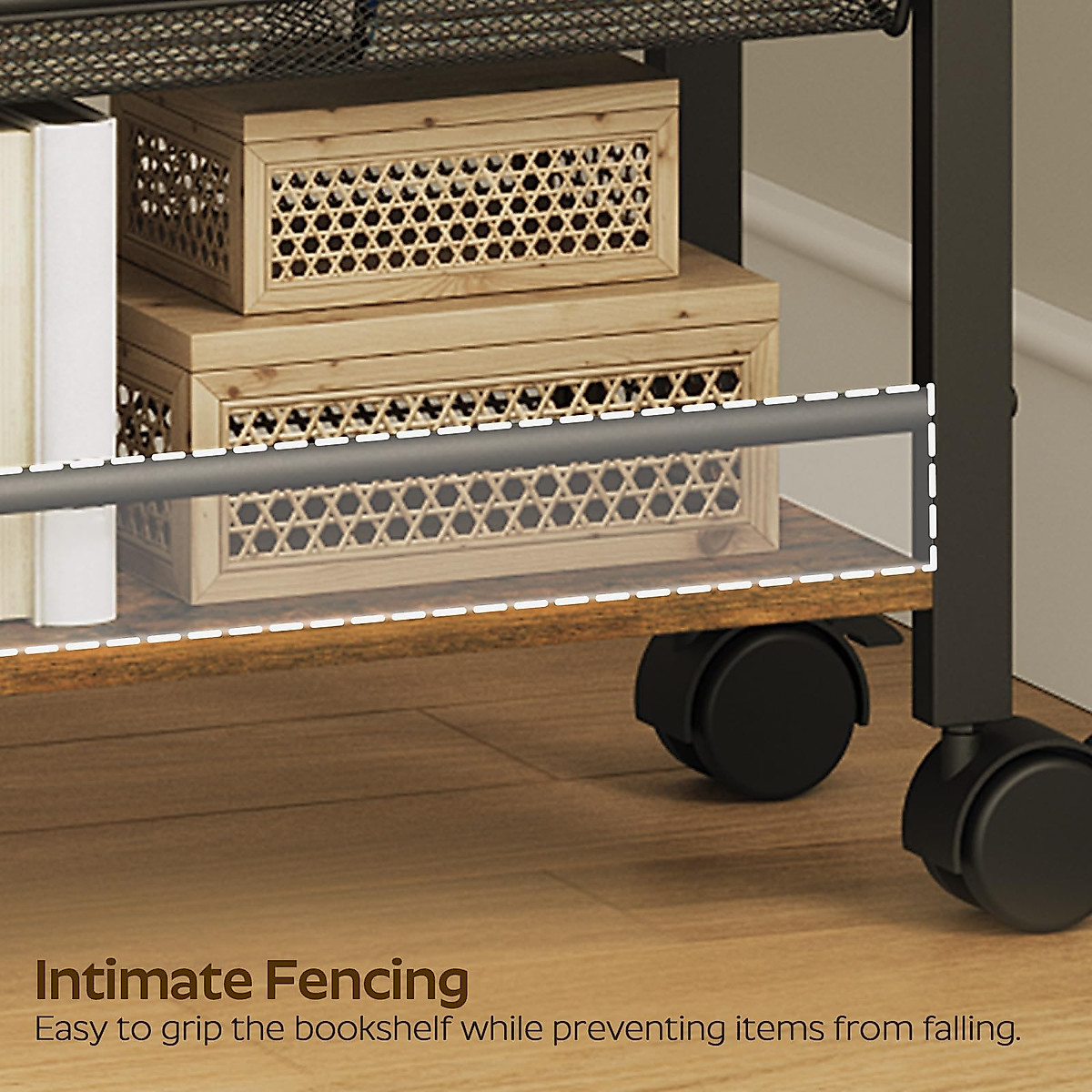 YATINEY 5 Tier Bookshelf, Metal Small Industrial Bookcase, Mobile Book Shelf Paper Cart with Wheels, Book Case Display Storage Shelf Organizer for Living Room, Home Office, Rustic Brown SJ01BR