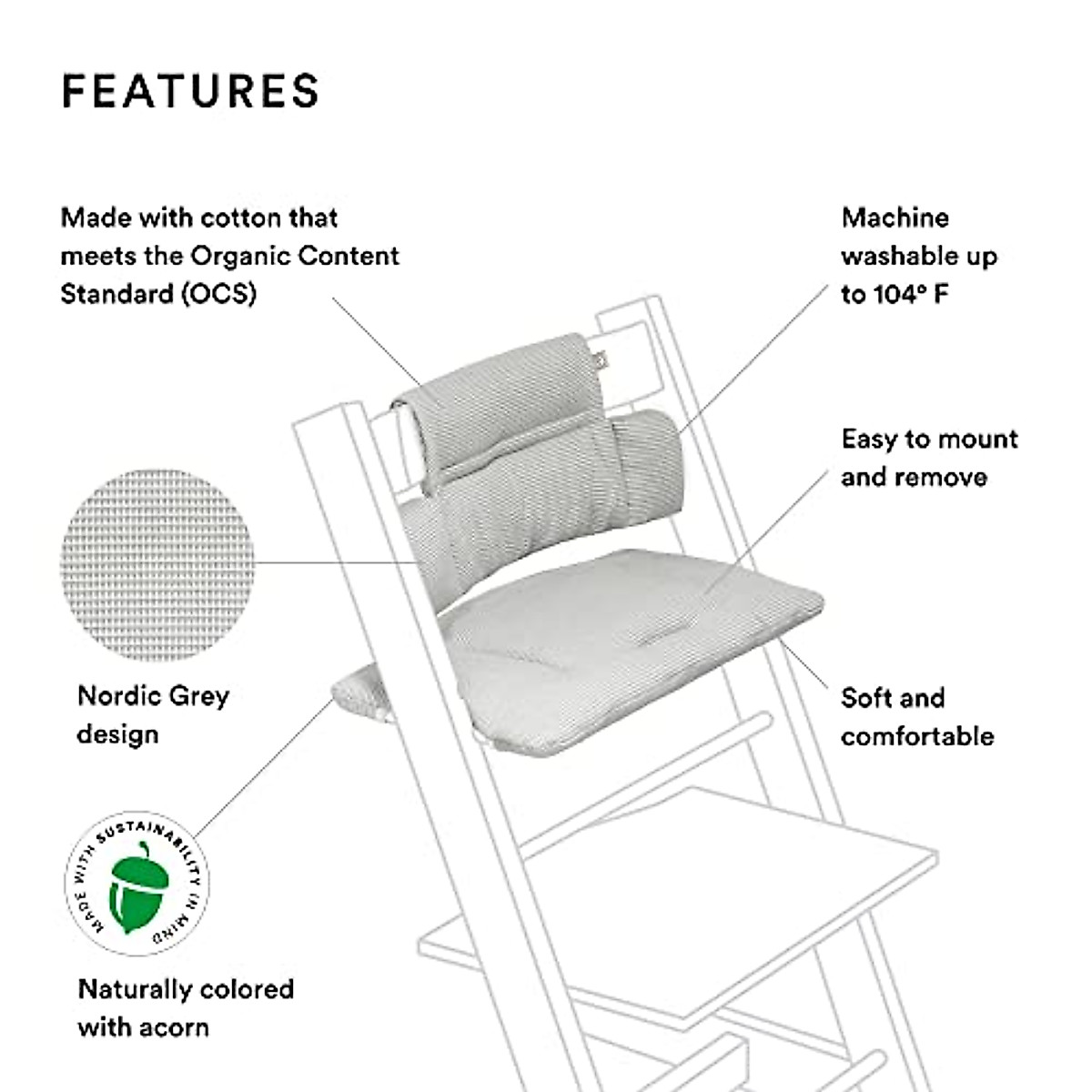 Stokke Tripp Trapp Classic Cushion, Nordic Grey - Pair with Tripp Trapp Chair & High Chair for Support and Comfort - Machine Washable - Fits All Tripp Trapp Chairs