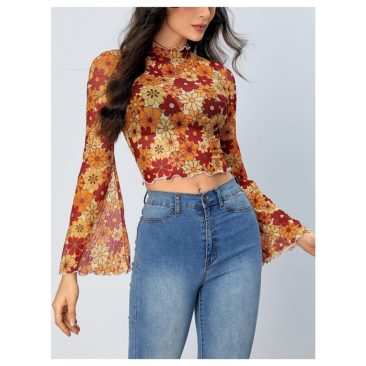 Verdusa Women's Bell Sleeve Lettuce Trim Mock Neck Floral Mesh Top Crop T Shirt Orange L