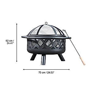 Teamson Home Steel Wood Burning Fire Pit with Spark Screen and Fireplace Poker for Outdoor Patio Garden Backyard Decking, 30 Inch Length, Black