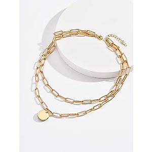 GORGLITTER Women's Round Pendant Layered Necklace Paperclip Chain Necklaces Gold One Size