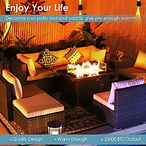 RADIATA PE Wicker Patio Furniture Set Sectional High Back Large Size Sofa Sets with Propane Fire Pit Table 55000 BTU Balcony Rattan Lounge Conversation Sets for Outdoor (17 Pieces,Light Gray)