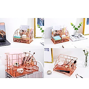 POPRUN Desk Organizers and Accessories for Women with Drawer, Cute Desk Supplies and Stationary Oganizer for Home and Office Desk Decor, Metal Mesh Desk Organization and Storage (Rose Gold)