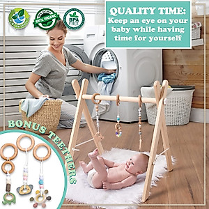 LaviElle Wooden Baby Gym for 0-1.5 Years | Certified Foldable Play Toys with Hanging Bar and Non-Toxic and Unique Teethers | Baby Activity Gym Perfect Gifting - Newborn Babies | Toddlers Development