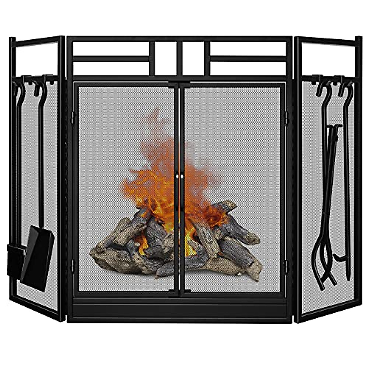 AMAGABELI GARDEN & HOME 3 Panel Folding Fireplace Screen with Doors Large Flat Guard Tools Outdoor Metal Decorative Mesh Solid Wrought Iron Fire Place Wood Burning Stove Accessories Black