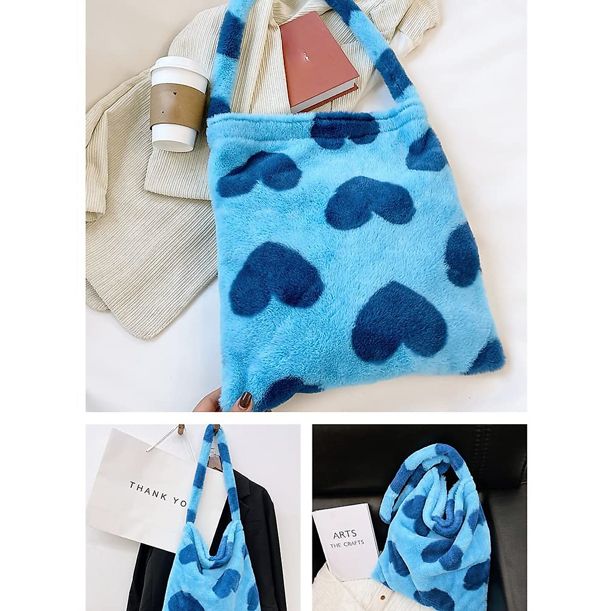 Fluffy Tote Bag Y2K Fuzzy Hobo Bag Purse Plush Furry Aesthetic Shoulder Bag for Autumn Winter (Blue)