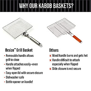 Braize Grill Basket with REMOVABLE HANDLE, fish grill basket - accessories for outdoor grill, cooking accessories, bbq grill. Grilling grilling set camping gear accessories.