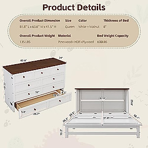 Melpoemene Murphy Bed Chest with Charging Station,Queen Size Murphy Cabinet Bed with 2 Drawers,White+Walnut