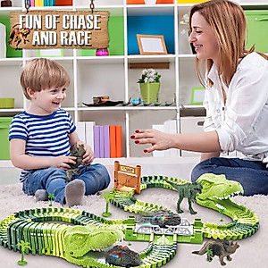Dinasors Race Track Toy for Boys Girls Race Car Track for Kids Age 3-6 Dino Toys with 192 Flexible Track, 2 LED Dinosaur Racing Cars, Toddler Birthday Gift (Classical)