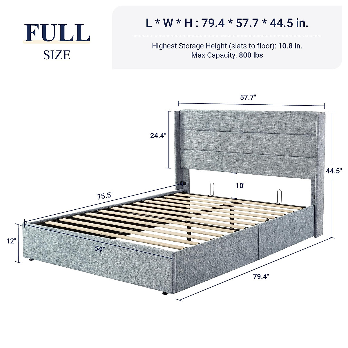 Allewie Full Size Lift Up Storage Bed, Modern Wingback Headboard, Hydraulic Support, No Box Spring Needed, Grey Blue