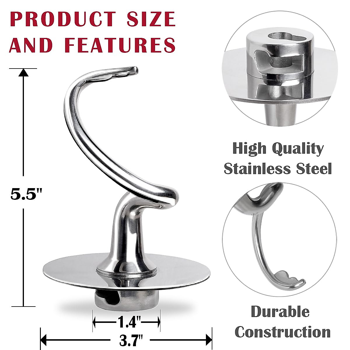 EGNic Stainless Steel Dough Hook Attachment for Kitchenaid 4.5-5 Quart Tilt-Head Stand Mixer, Spiral Dough Hook Replacement for Kitchenaid Mixers Accessories