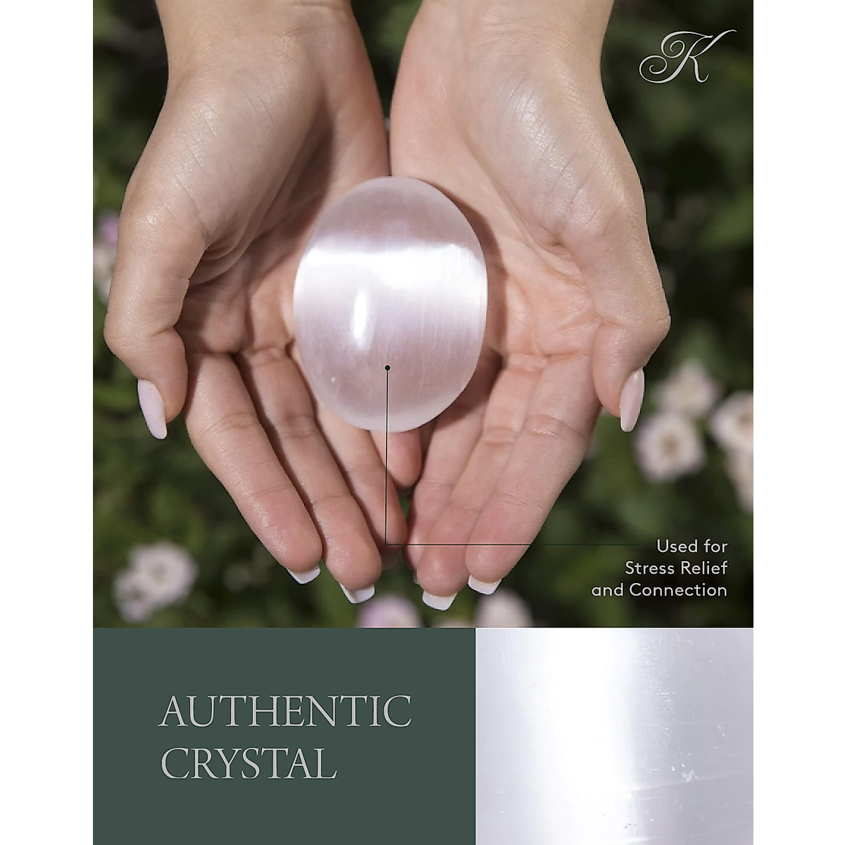 KALIFANO Selenite Palm Stone with Healing & Calming Effects - High Energy Selenita Satin Spar Worry Stone Used for Cleansing and Protection (Information Card Included)