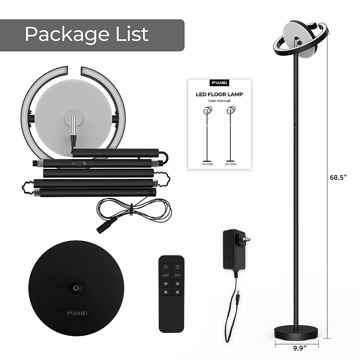 FIMEI Floor Lamp, LED Modern Floor Lamps Eye-Protecting Stepless Dimming and 3 Color Temperatures, Bright Standing Pole Light with Double Control System for Home and Office, Single Opening Design