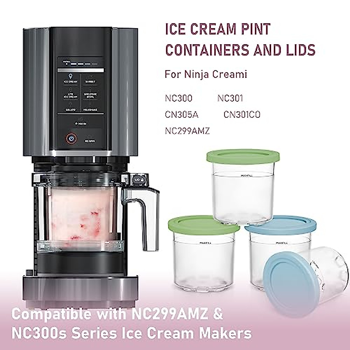 Favuit Pint Containers with Lids Ice Cream Storage Containers Compatible with NC299AMZ & NC300s Series Ice Cream Makers 2 Pack Replacement for Pints and Lids BPA-Free & Dishwasher Safe(Green Blue)