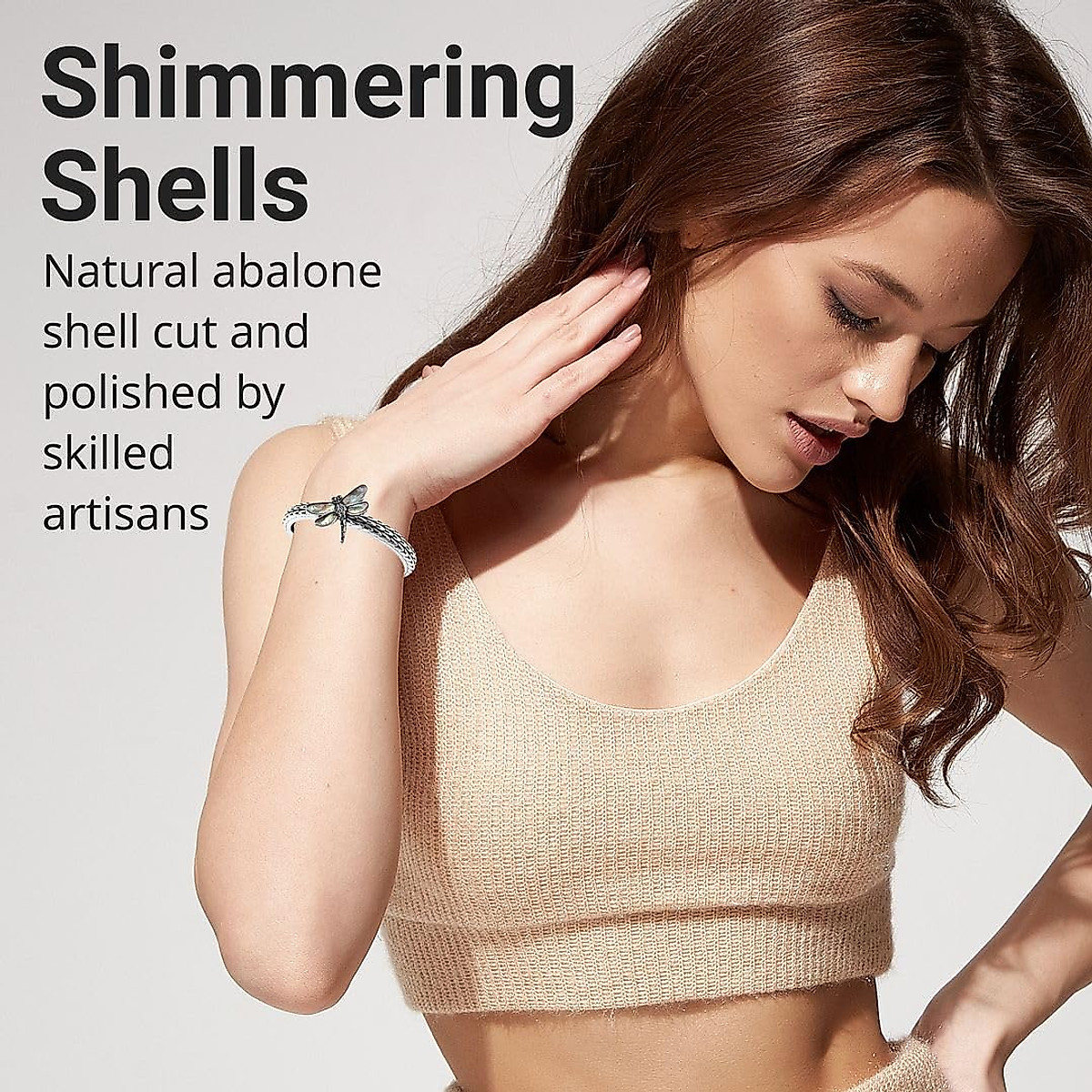 Shop LC Abalone Shell Dragonfly Cuff Bracelet in Stainless Steel - Genuine Handmade Abalone Boho Jewelry for Women - Natural Abalone Bali Bangle - 7.5" Costume Jewelry for Women Birthday Gifts for