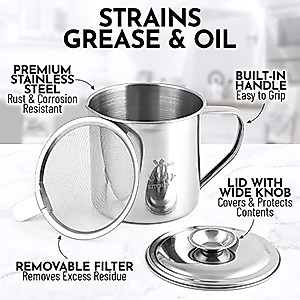 Zulay Kitchen Bacon Grease Container With Strainer - 1L Stainless Steel Cooking Oil Container With Lid & Handle - Large Ghee Container or Bacon Fat Container Perfect For Storing Fats & Frying Oils