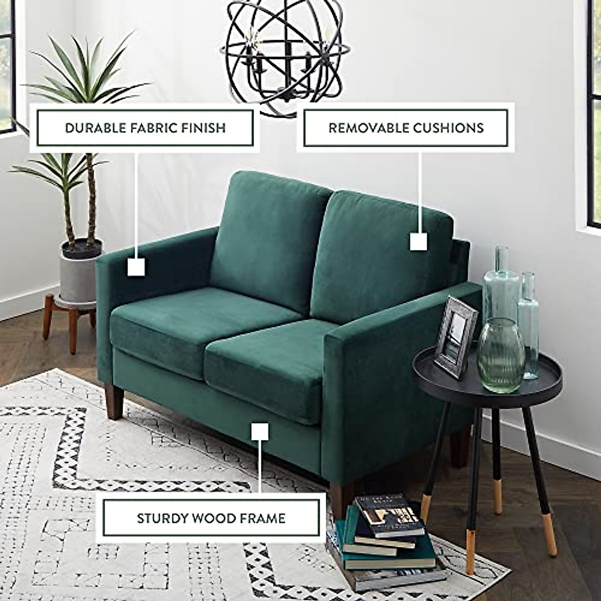 Edenbrook Archer Upholstered Loveseat - Green Velvet Loveseat - Living Room Furniture - Small Loveseat - Mid Century Modern Loveseat - Seats Two